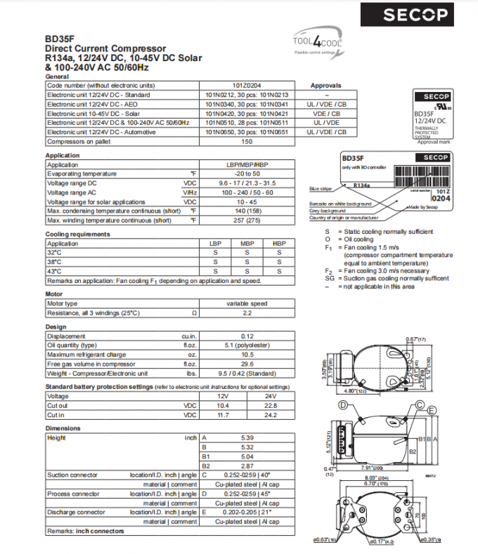 Secop BD35F R134a Rotary Compressor With BD Controller