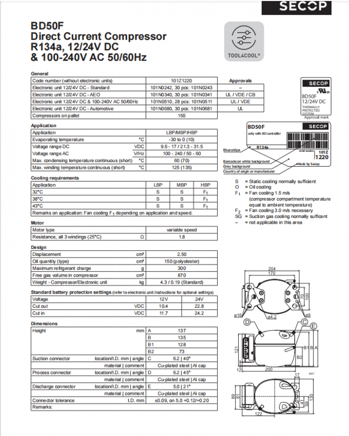 Original Rotary Compressor AC Secop BD50F R134a For Fridge