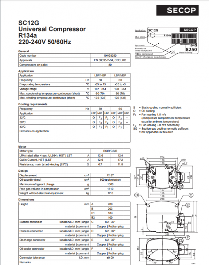 Danfoss Secop Ac Rotary Compressor SC12G R134a 220 - 240 V 50 / 60 Hz