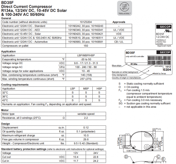 BD35F Hermetic Piston Refrigeration Compressor R134a 100-240V/50-60Hz